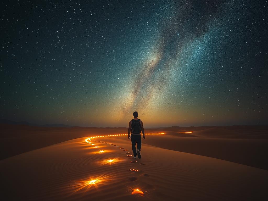 A Lone Traveler Walks Through A Glowing Desert Under The Stars