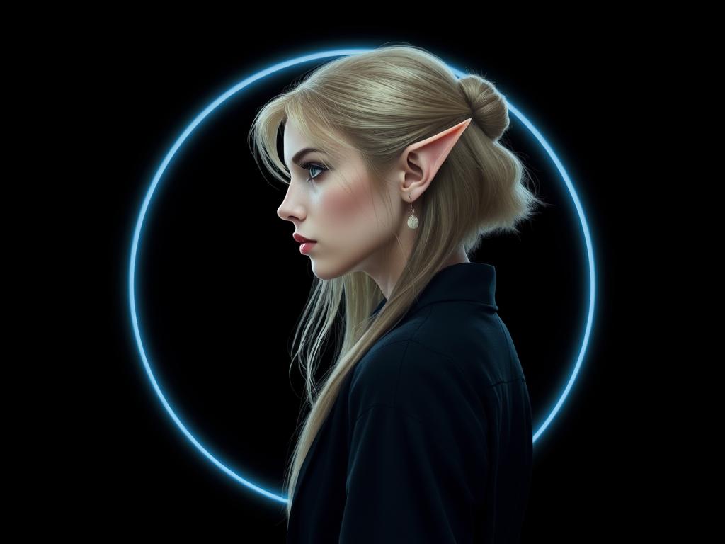 Elf Woman Side View Black Background Ring Of Light Around