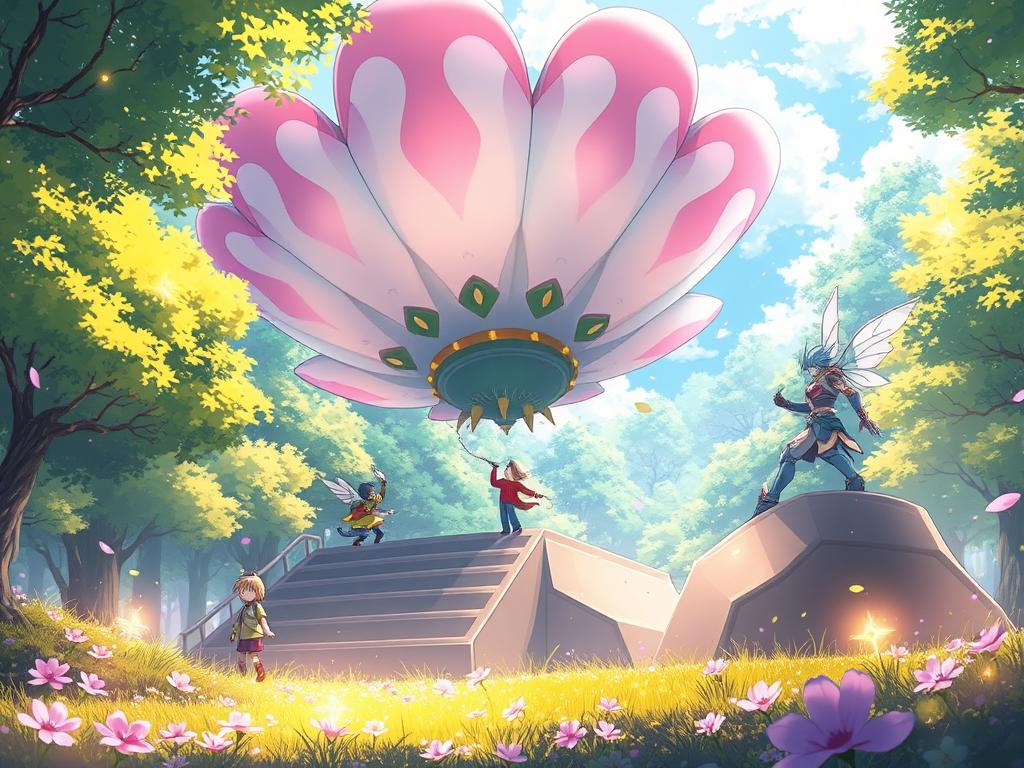 Anime Luminous Forest Clearing Bathed In Daylight Three Allies—an