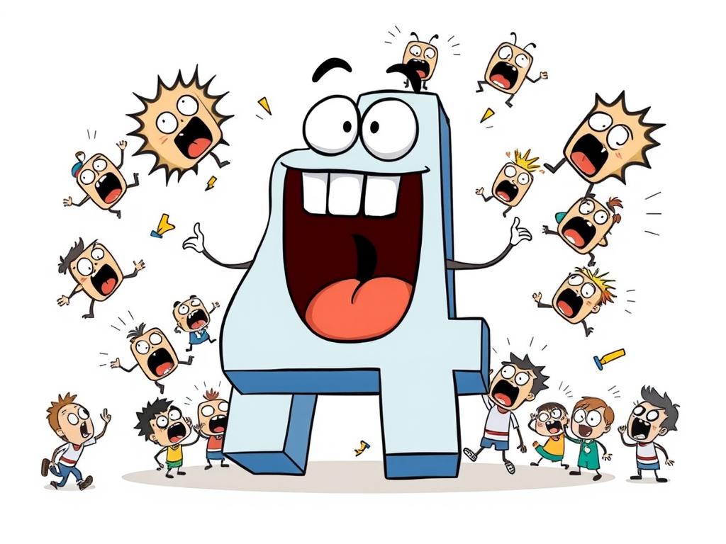 Cartoon Number “4” With A Loud Open Mouth Surrounded By
