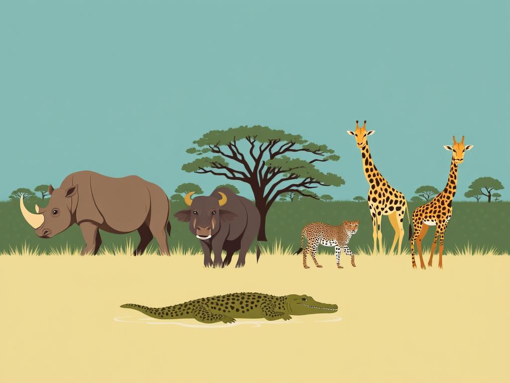 Rhino And Buffalo And Leopard And Crocodile And Giraffe