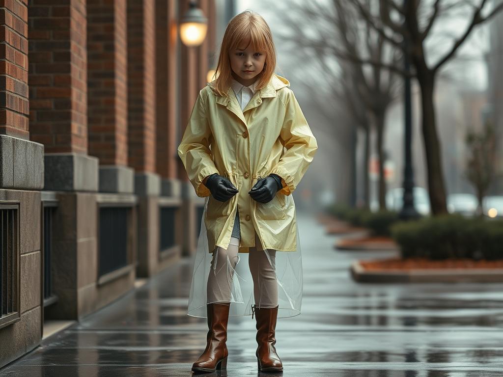 Schoolgirl Blond Buttoning Up Her Clear Plastic Raincoat Buttoning