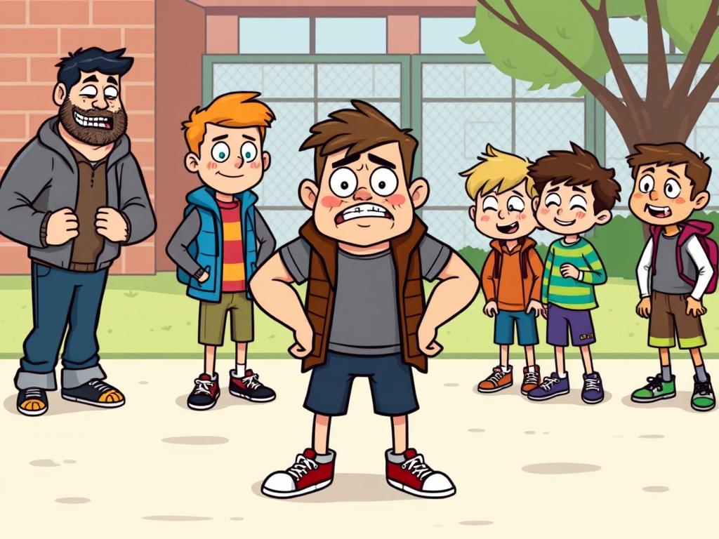 A Cartoon-style Scene Of A Schoolyard A Bully Who Usually Looks