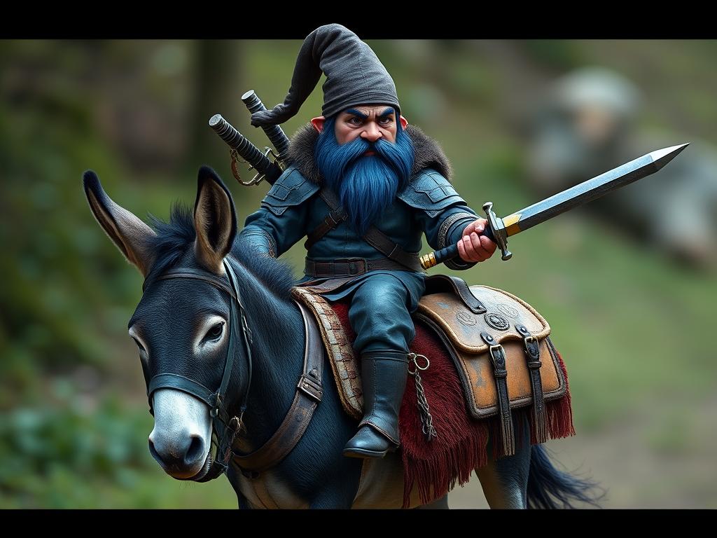 A Gnome Riding A Donkey The Gnome Wears Black Leather Armor