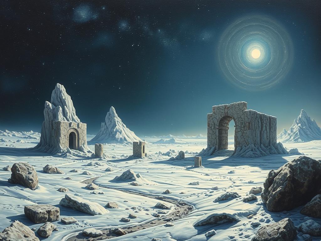 Frozen Ruins On The Surface Of An Icy Planet With A Starry Sky