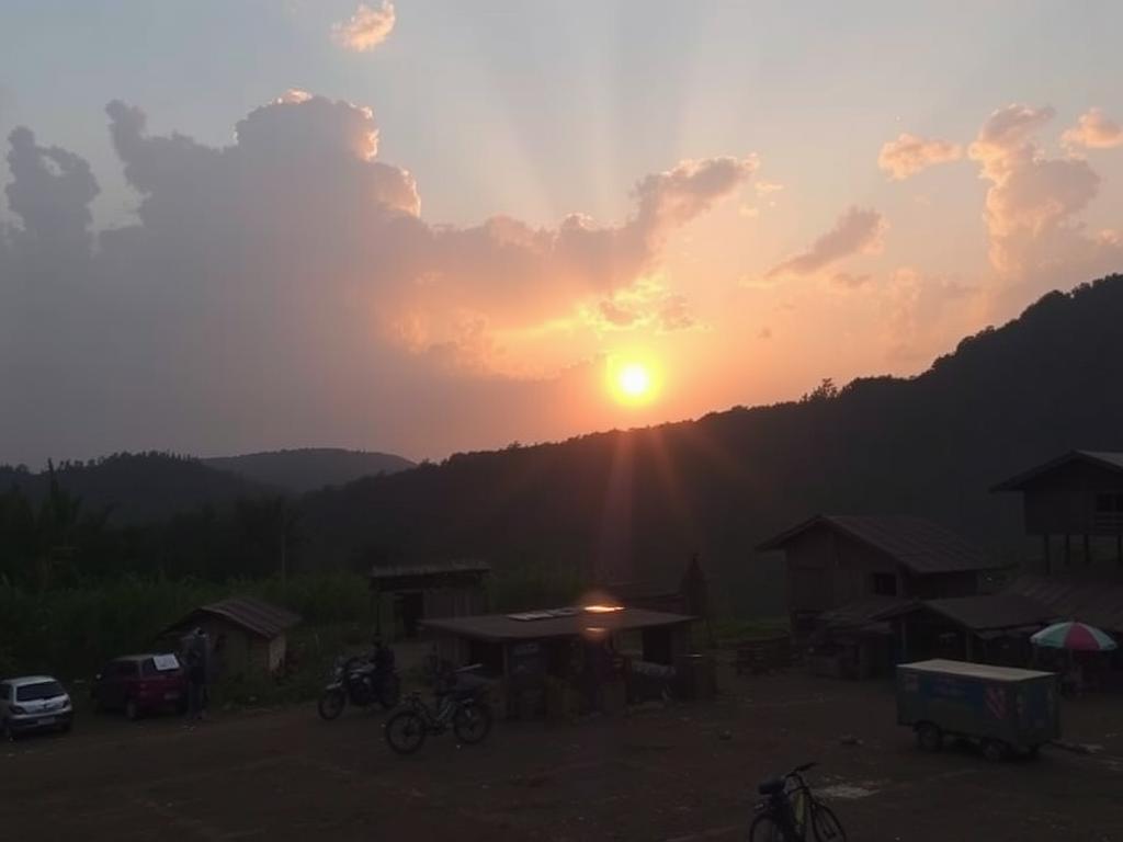 Likuran Ang Bukid At Kubo May Mainit Na Sikat Ng Araw