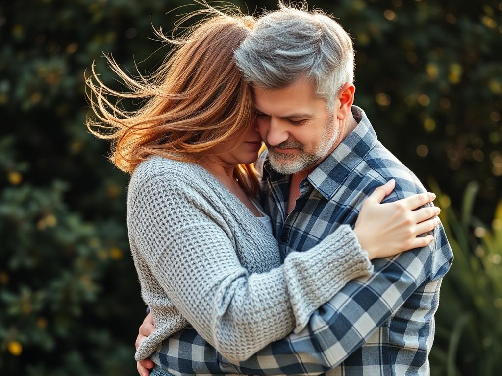 A Soft Portrait-style Photograph Of A Middle-aged Couple Embracing