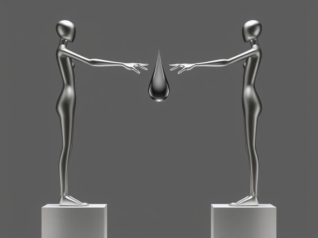 Two Tall Stylized Figures Stand On Separate Pedestals Their