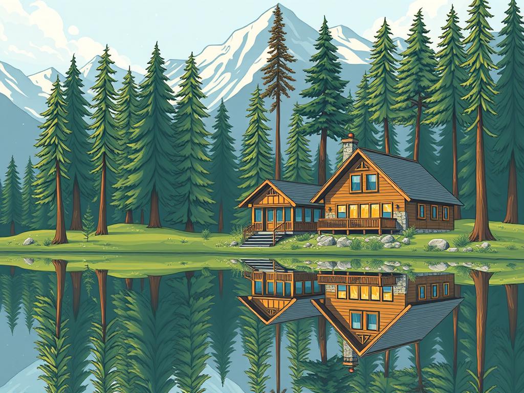 Low Detail Cartoonic Style Iddylic Lodge By The Moutain Lake
